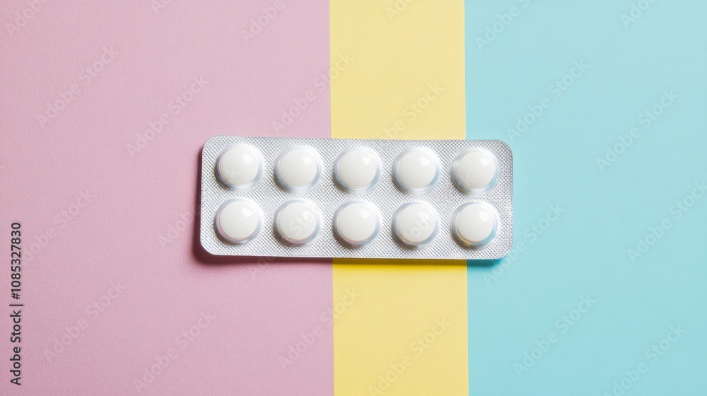 Pill Pack on Colorful Background: A blister pack of white pills sits on ...
