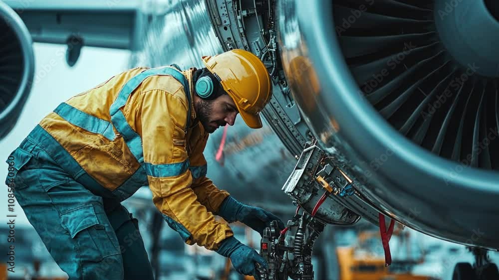 An aircraft mechanic performing a detailed safety check on the plane ...