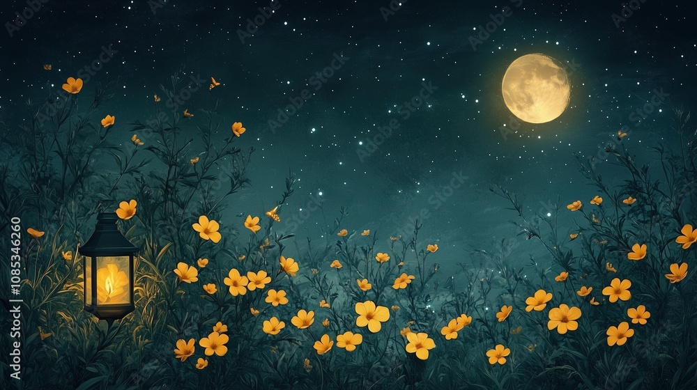 yellow primrose blooms at night, in the right corner are stars and the ...