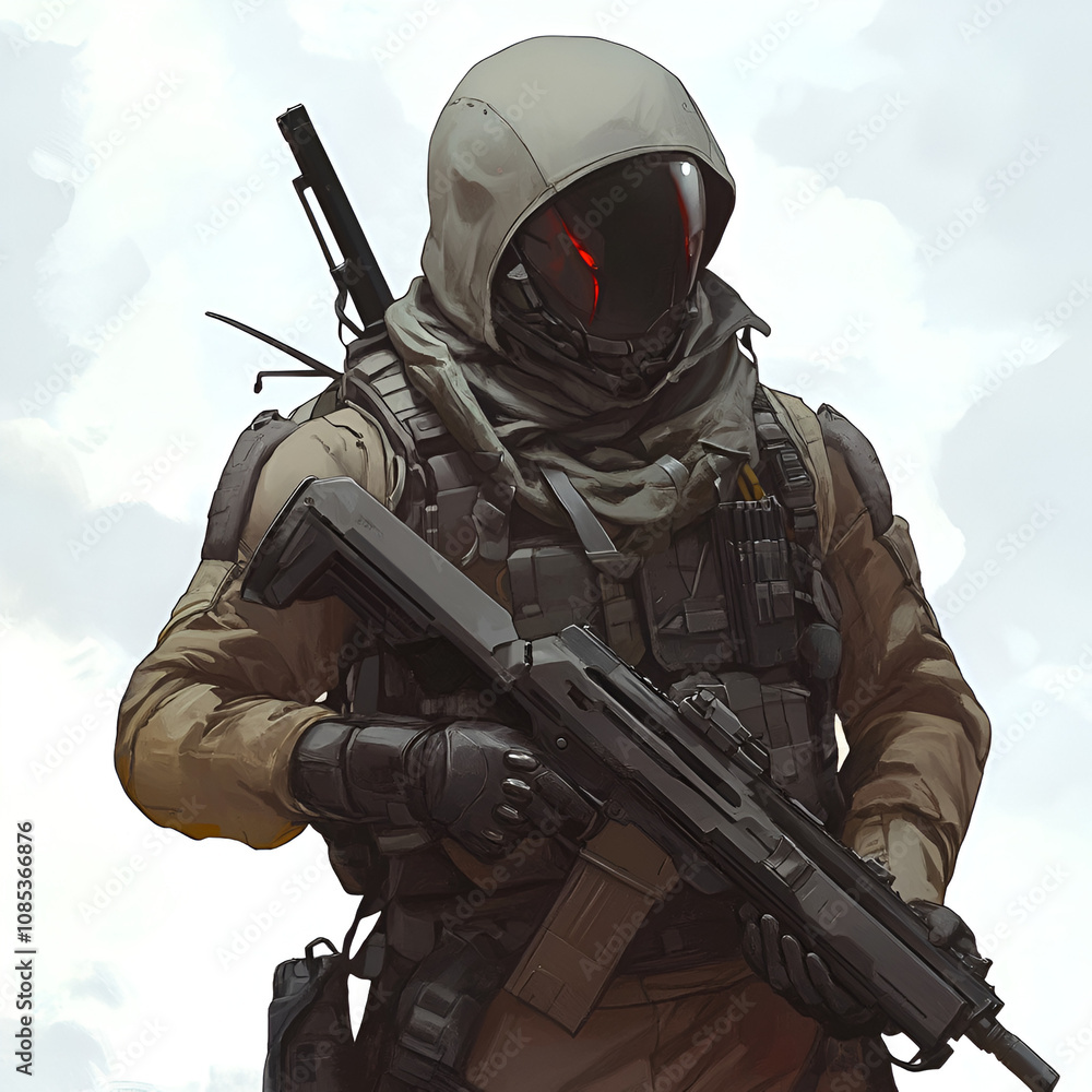 A futuristic soldier equipped with advanced tactical gear and weaponry ...