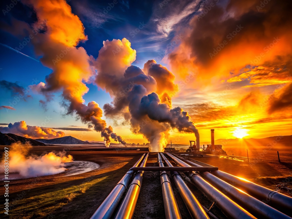 Stunning Silhouette of a Geothermal Energy Field with Complex Pipelines ...