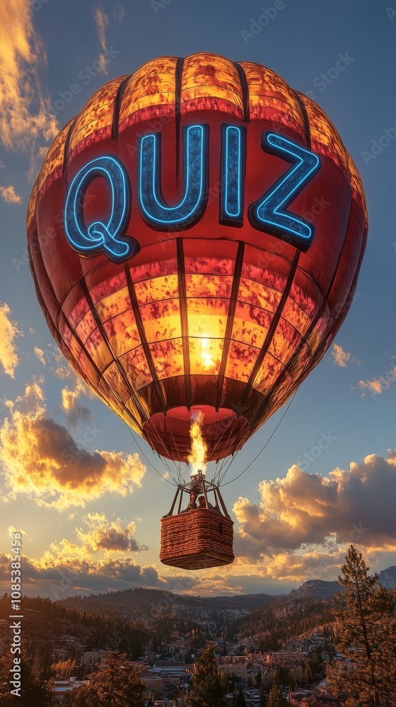 Quiz Time: A hot air balloon, soaring through a vibrant sunset sky with ...