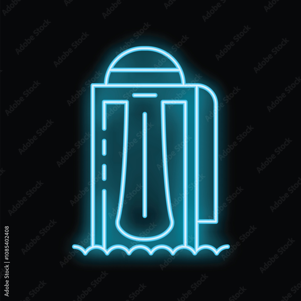 Poster Bright blue neon sign depicting a water park slide emptying into ...