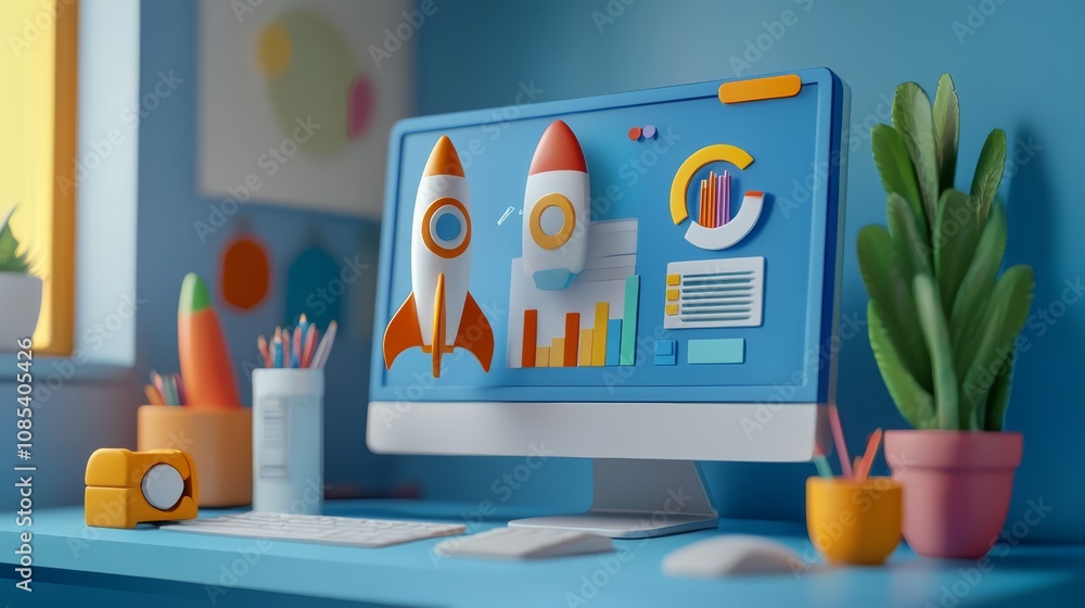 Launching Success: A vibrant 3D illustration of a computer screen ...