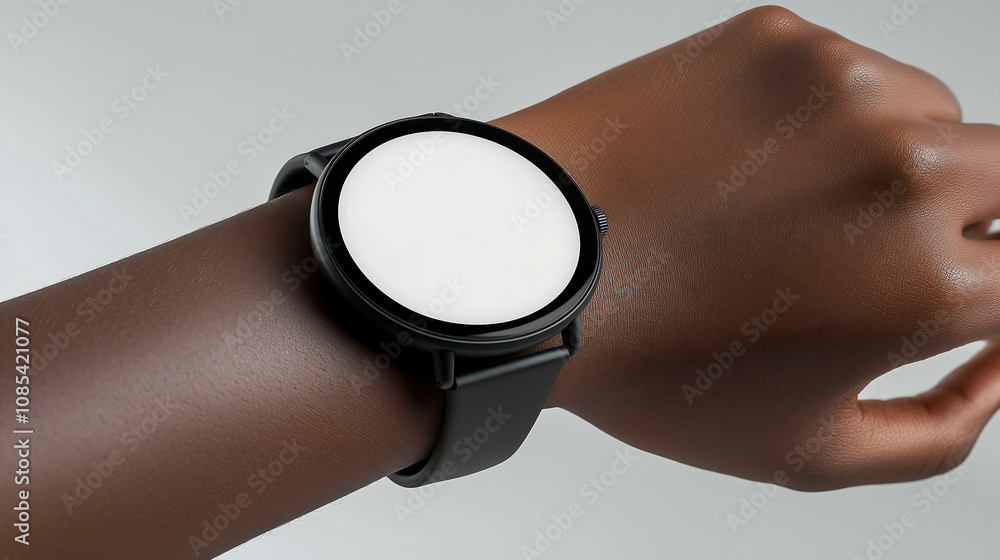 round smartwatch displayed on a wrist, with an empty black screen ready ...