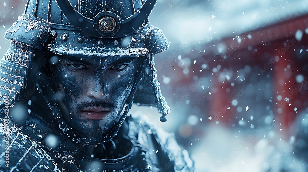 A samurai warrior in full armor stares intensely at the camera, his ...