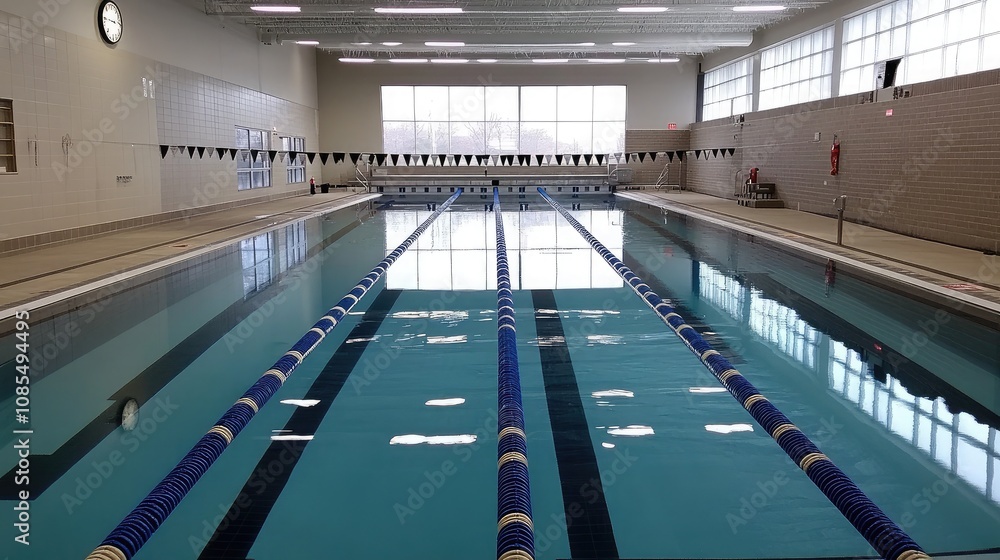 Indoor swimming pool with clear water, lane ropes and natural light ...