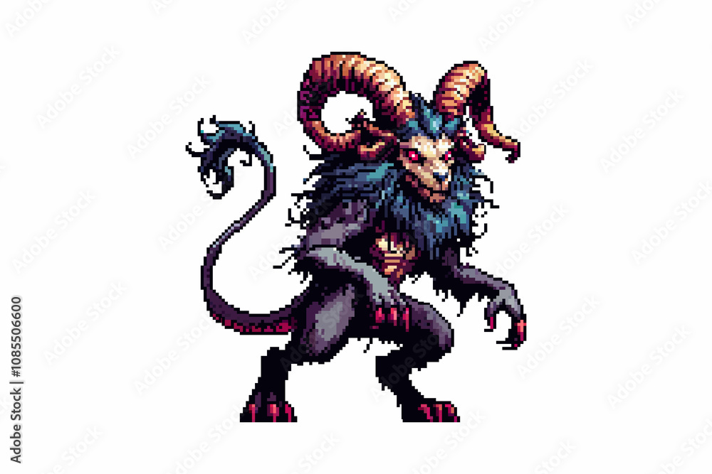 Poster The image shows a pixel art creature with ram horns red eyes a ...