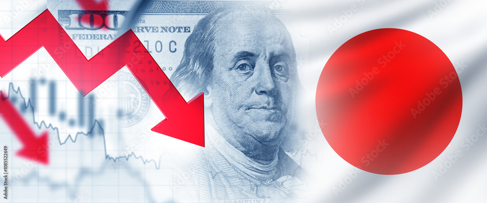 Financial crisis in Japan. Fall in value Japanese yen. Arrows down near ...