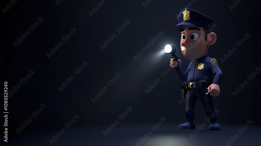 Cartoon character of a police officer holding a flashlight in a dark ...