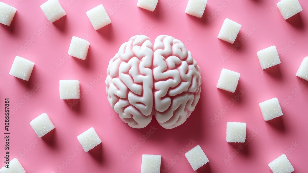 Anatomical model of human brain surrounded by refined sugar cubes lying ...