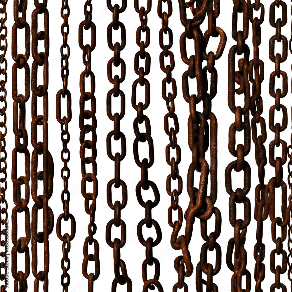 Rusty chains hanging vertically in parallel rows, showcasing industrial ...