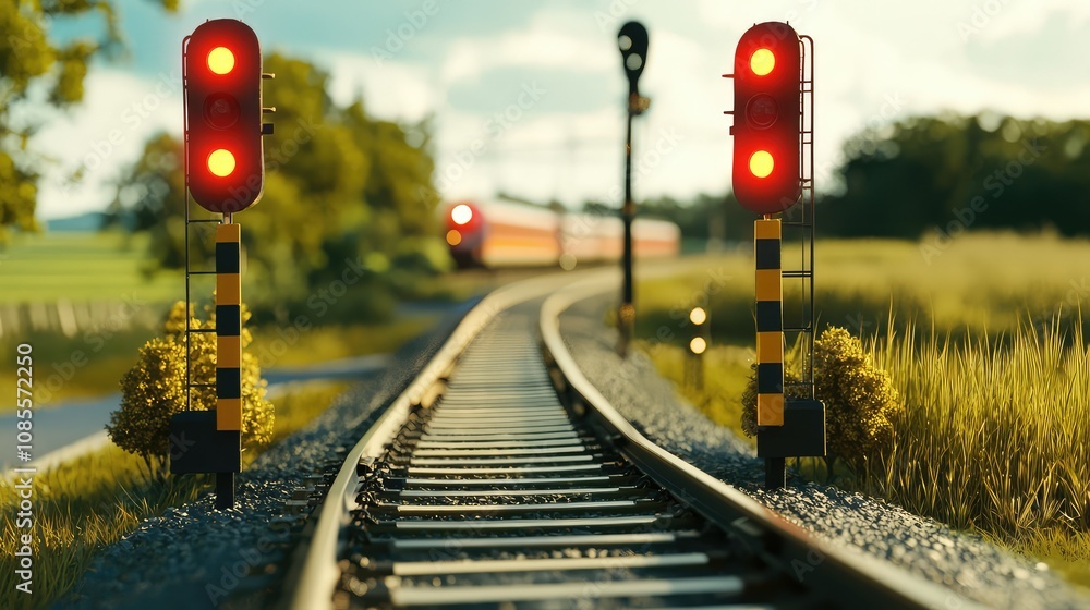 Railway Crossing with Warning Lights and Train Approach Stock Photo ...