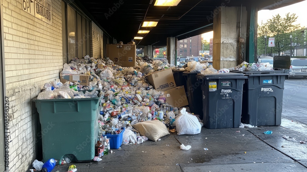 Overflowing trash and litter garbage piles, full dumpsters, and bottles ...