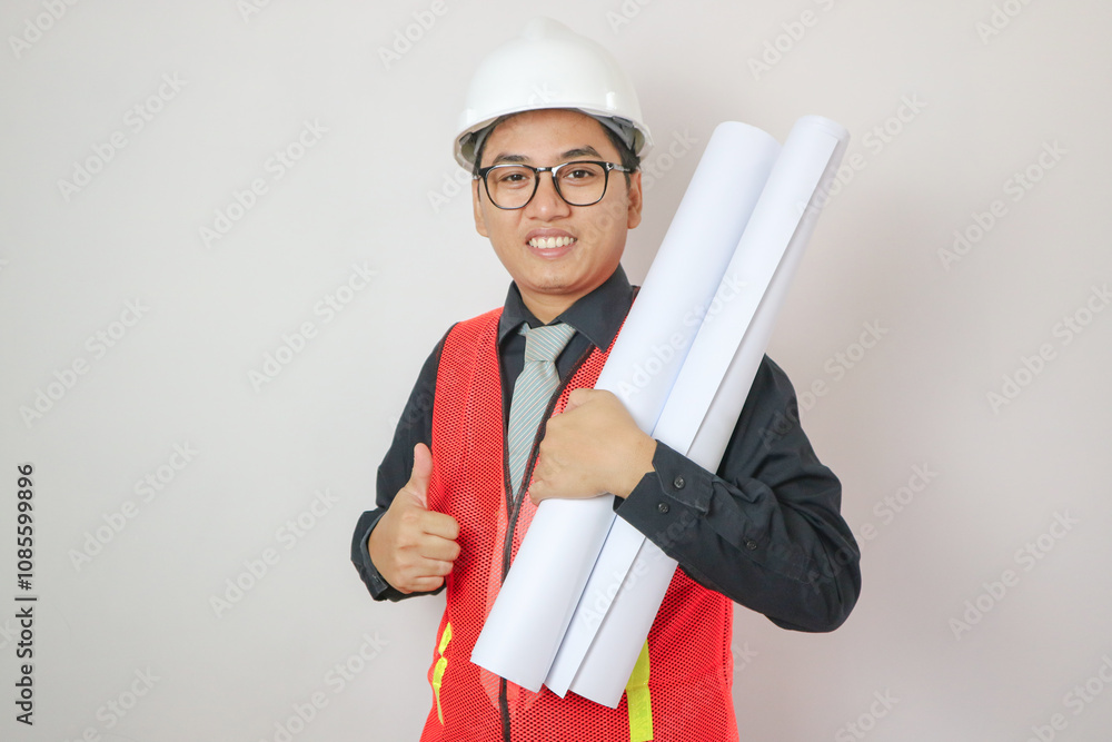 Smiling young asian civil engineer helmet hard hat standing showing ...
