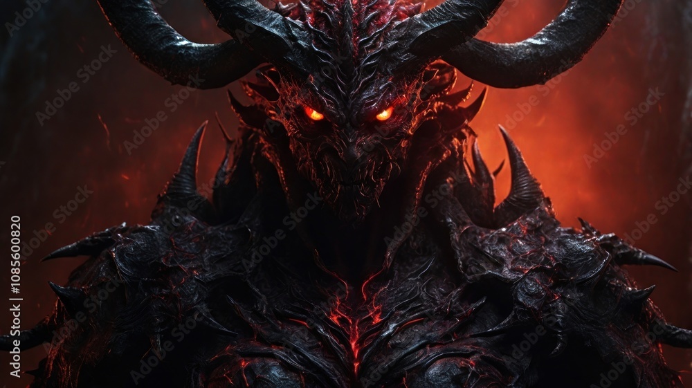 A terrifying, demonic creature with glowing red eyes and sharp horns ...