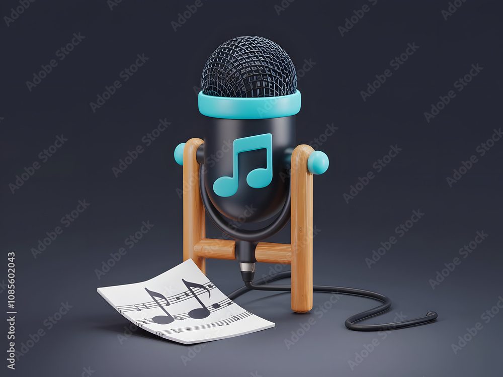 3d microphone with music note is symbol denoting a musical sound. mic ...