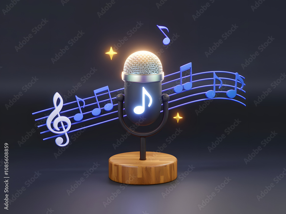 3d microphone with music note is symbol denoting a musical sound. mic ...