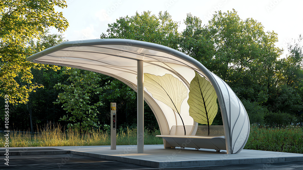 Giant leaf-shaped bus stop shelter surrounded by greenery during bright ...
