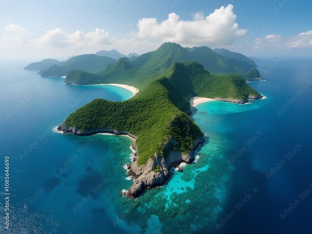 Top view of a beautiful private island with trees in the middle and ...