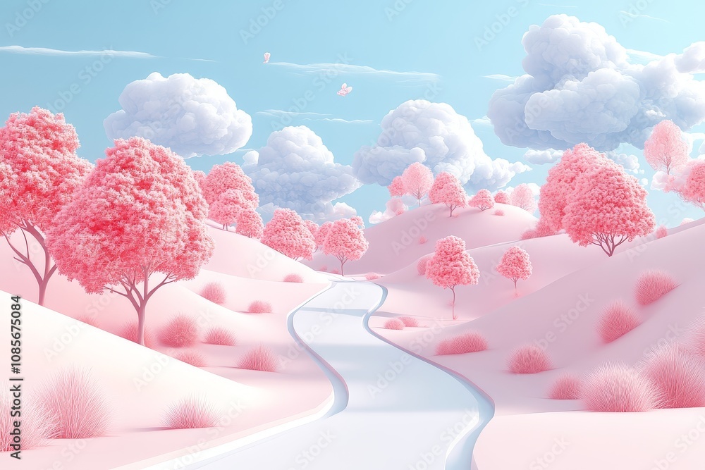 3D cartoon winter landscape with snow, trees, and clouds in low poly ...