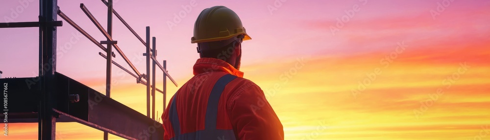 Rear view of a construction worker, fully equipped, in a modern ...