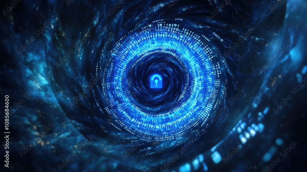 Digital vortex of data transmission featuring a glowing blue lock ...