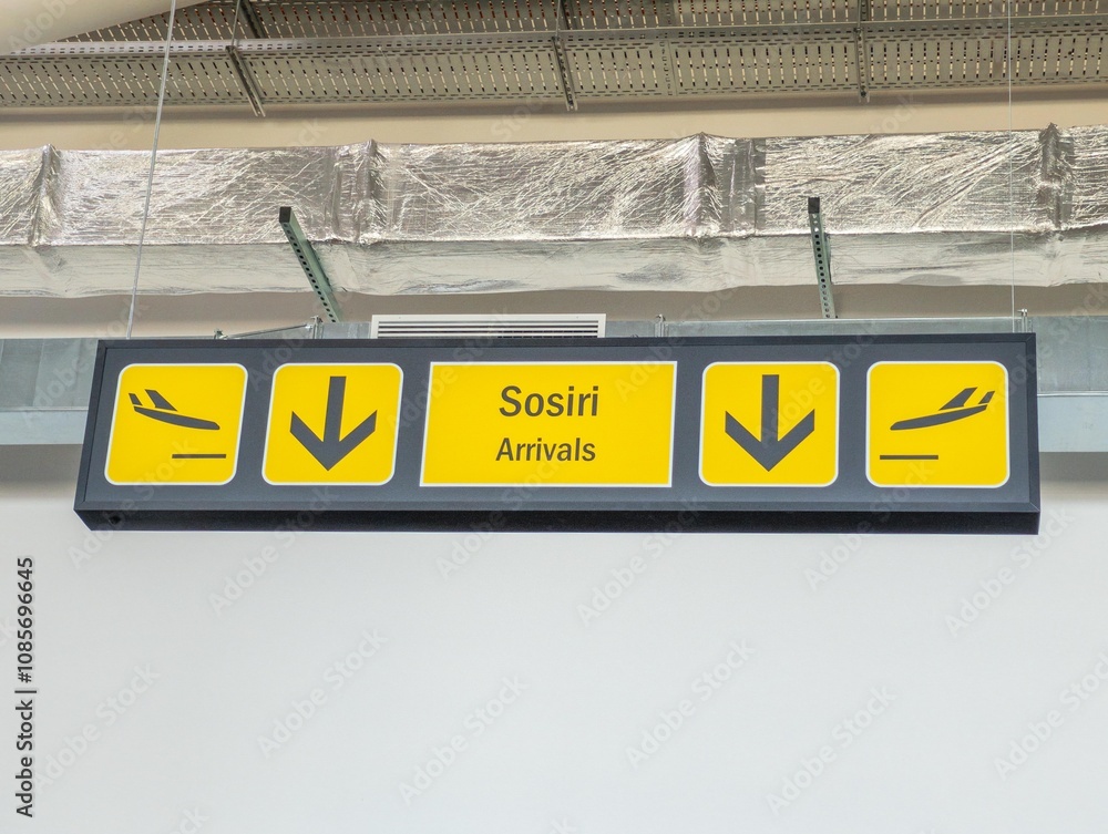 Sign with airplane icons touching down, text arrivals, Sosiri in ...
