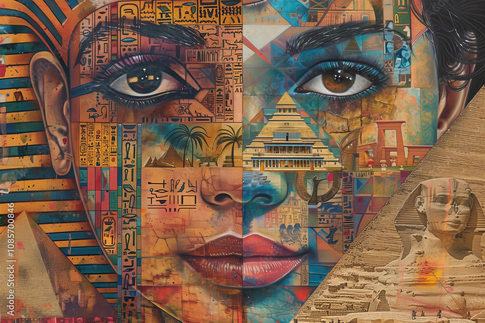 Collage depicting an Egyptian woman's face split into two halves. One ...