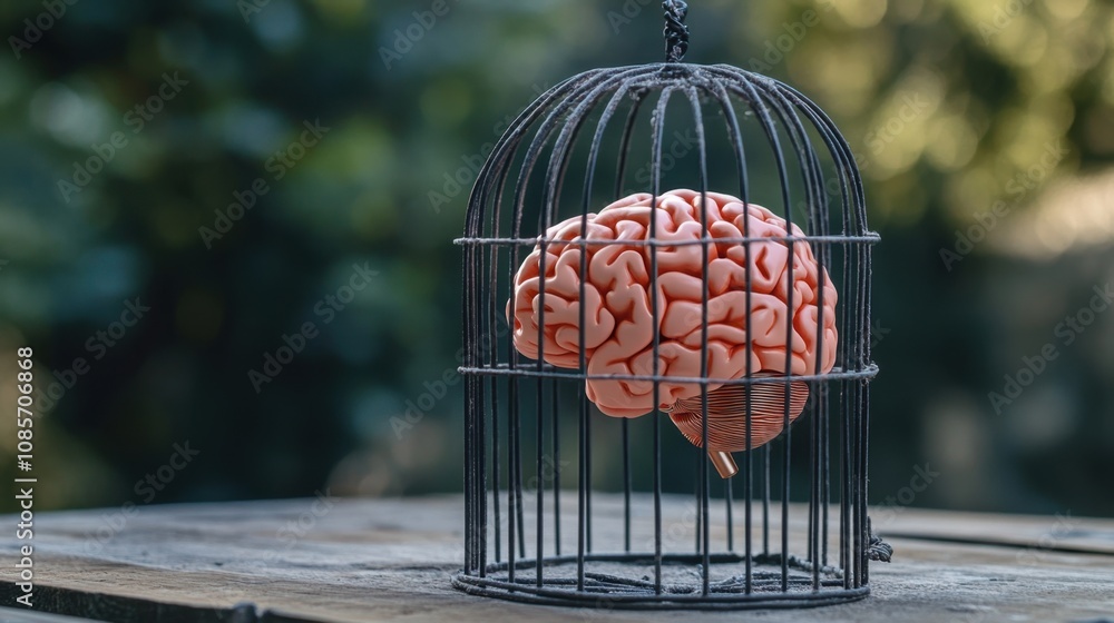 Enclosed brain in a cage, symbolizing mental restriction and the ...