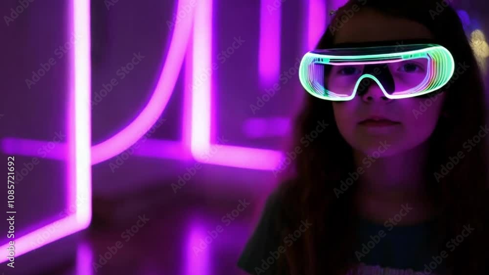 Girl in virtual or augmented reality glasses indoors with lilac and ...