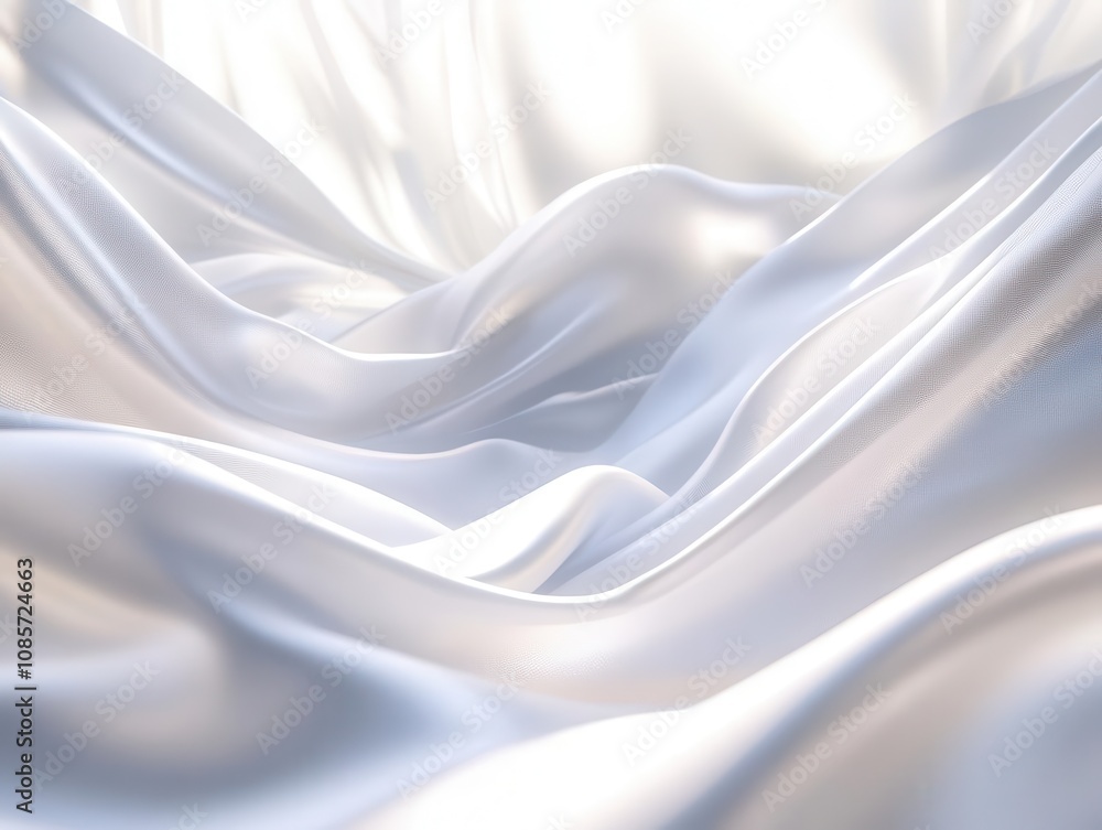 elegant white silk satin fabric flowing gracefully, showcasing delicate waves and folds, bathed ...