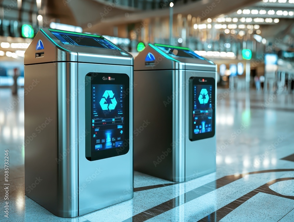 Modern recycling bins in an airport terminal, featuring digital ...