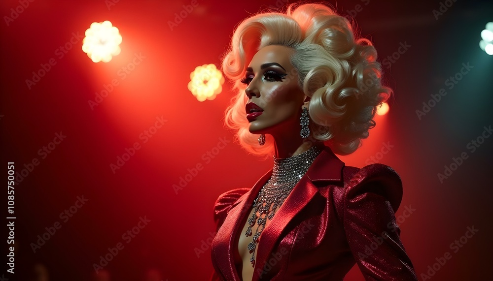 Dramatic performer drag queen drag king on stage with coiffed hair and ...