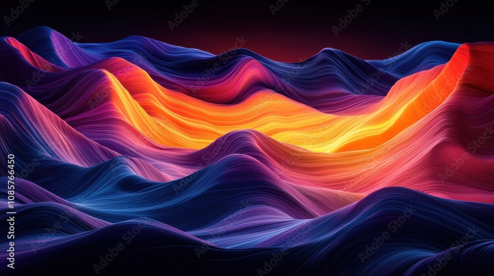 A glowing canyon with gradient waves of light cascading through its ...