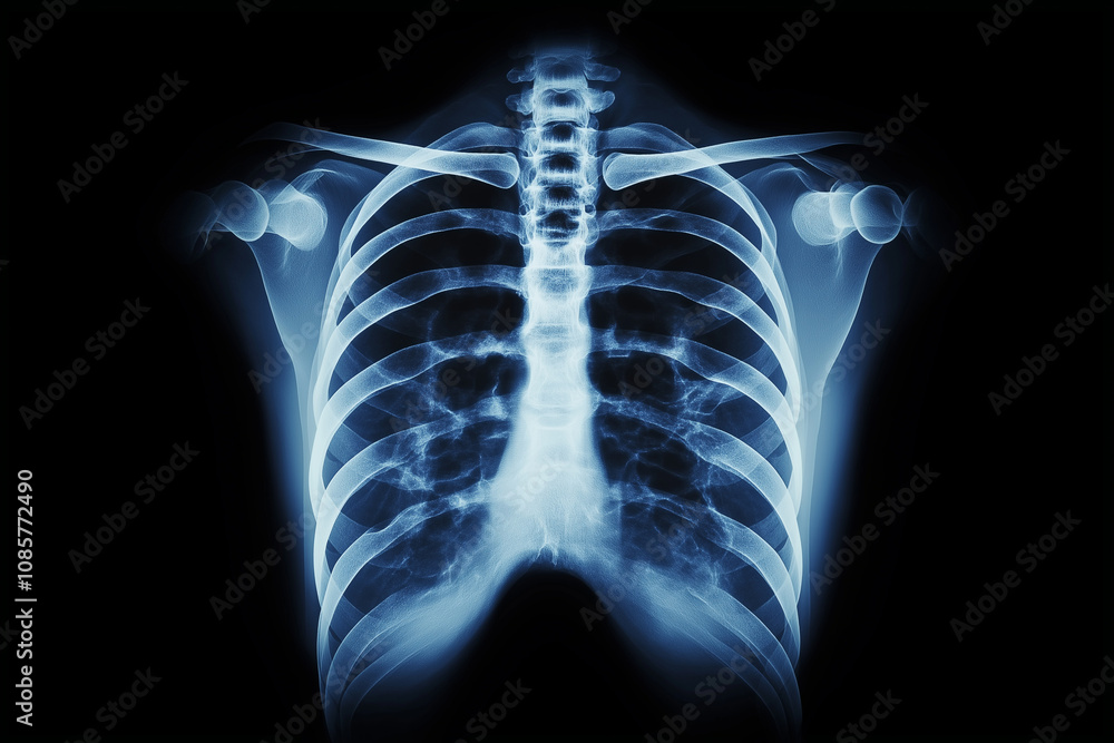 X ray image of human chest showing ribcage and spine structure clearly ...