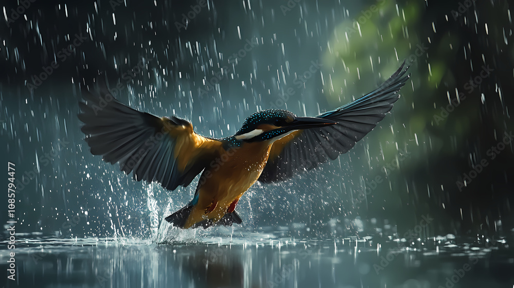 Magnificent kingfisher halcyon bird with wings spread taking flight ...