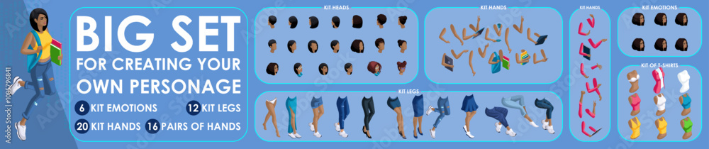 Isometric Woman Black characters constructor for designed. Set various ...