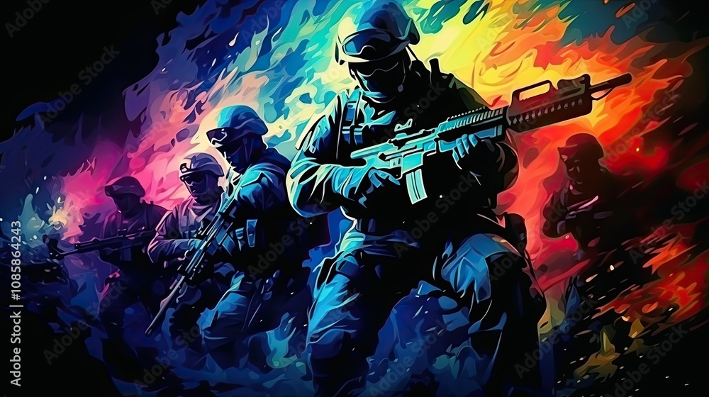 Combat infantry attack the enemy. Fully equipped soldiers of war run ...