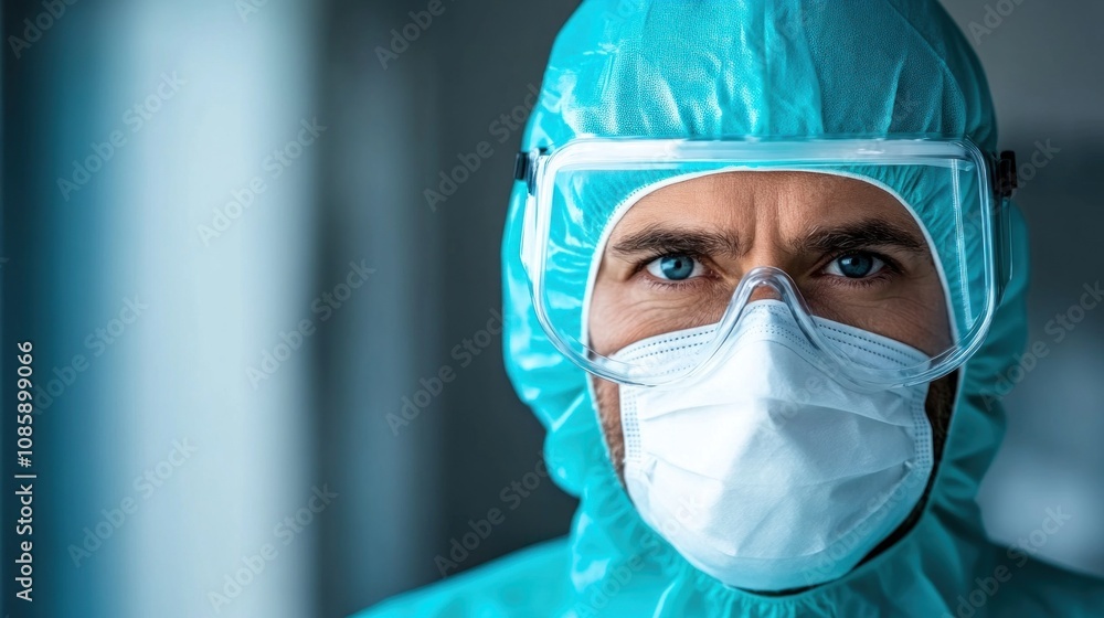 dedicated health care worker wearing a full protective suit, face mask, and safety goggles ...