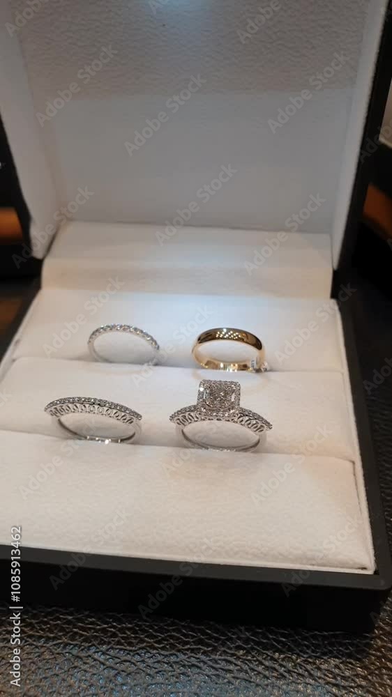 Diamond rings in a small cardboard jewelry box on the dressing table at ...