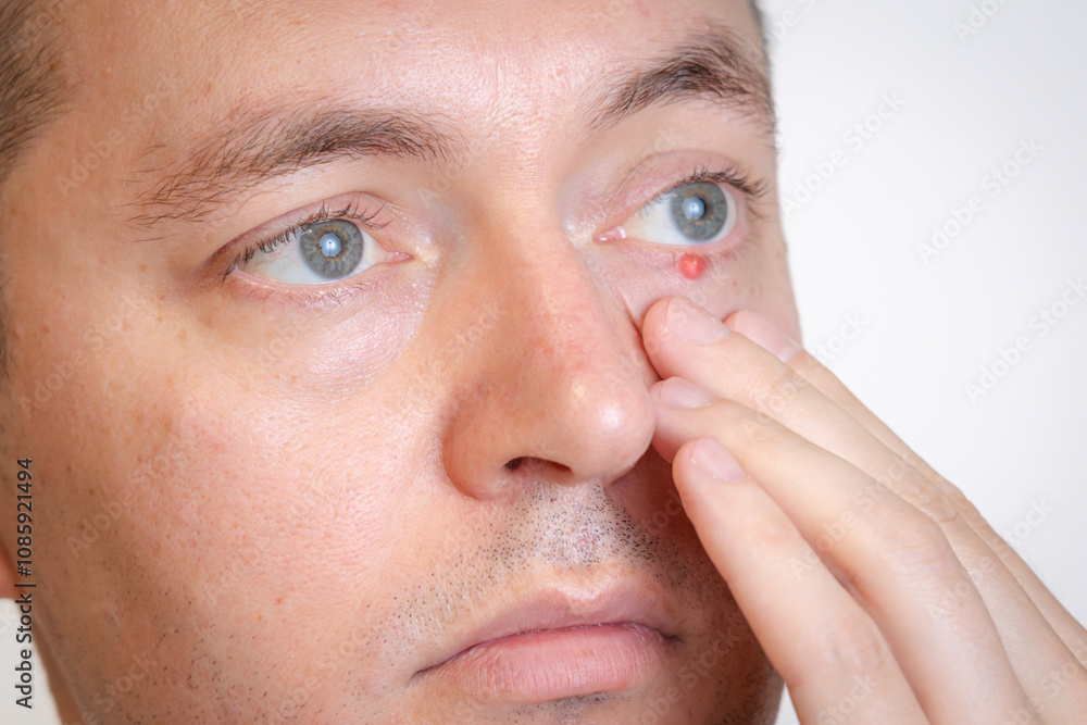 Man's eyes with pus redness like chalazion caused by blocked sebaceous ...