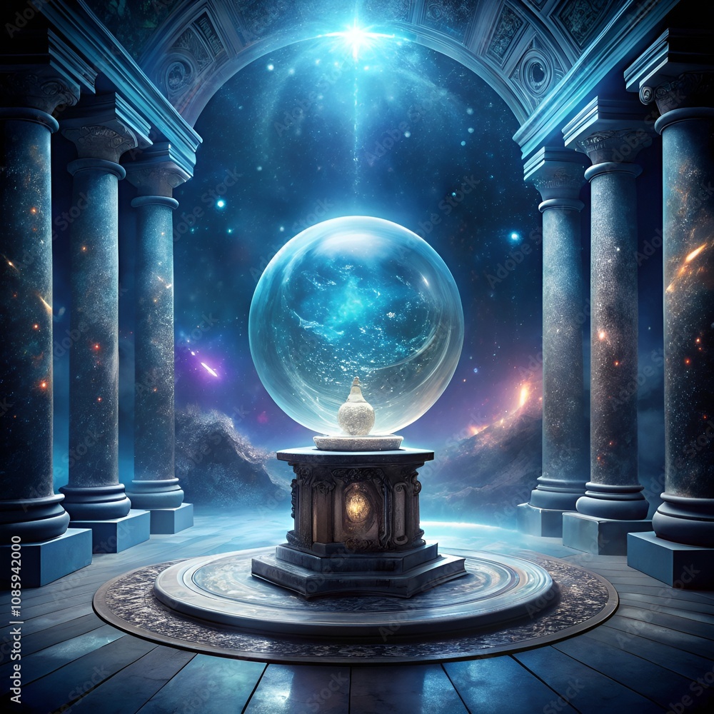 "A crystalline orb floating above an ancient pedestal in a forgotten ...