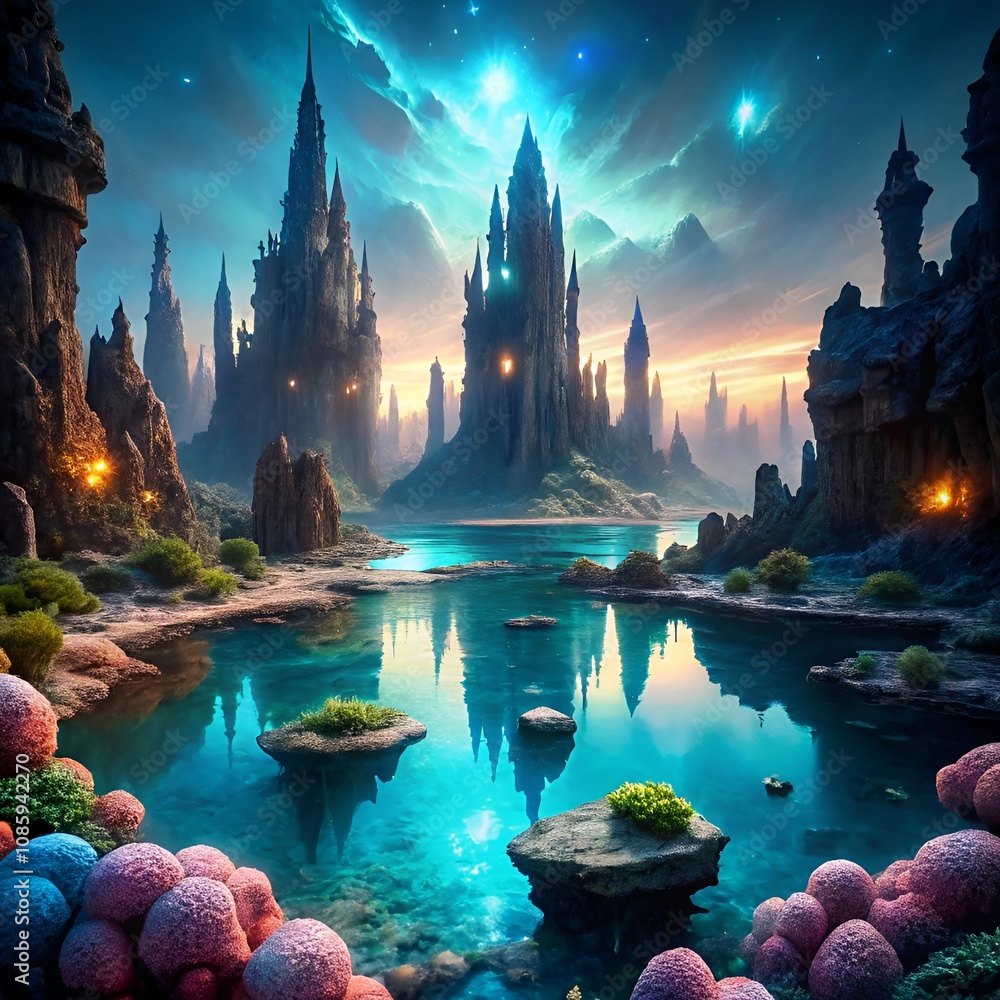 "A mystical pool of water surrounded by jagged rocks glowing faintly ...