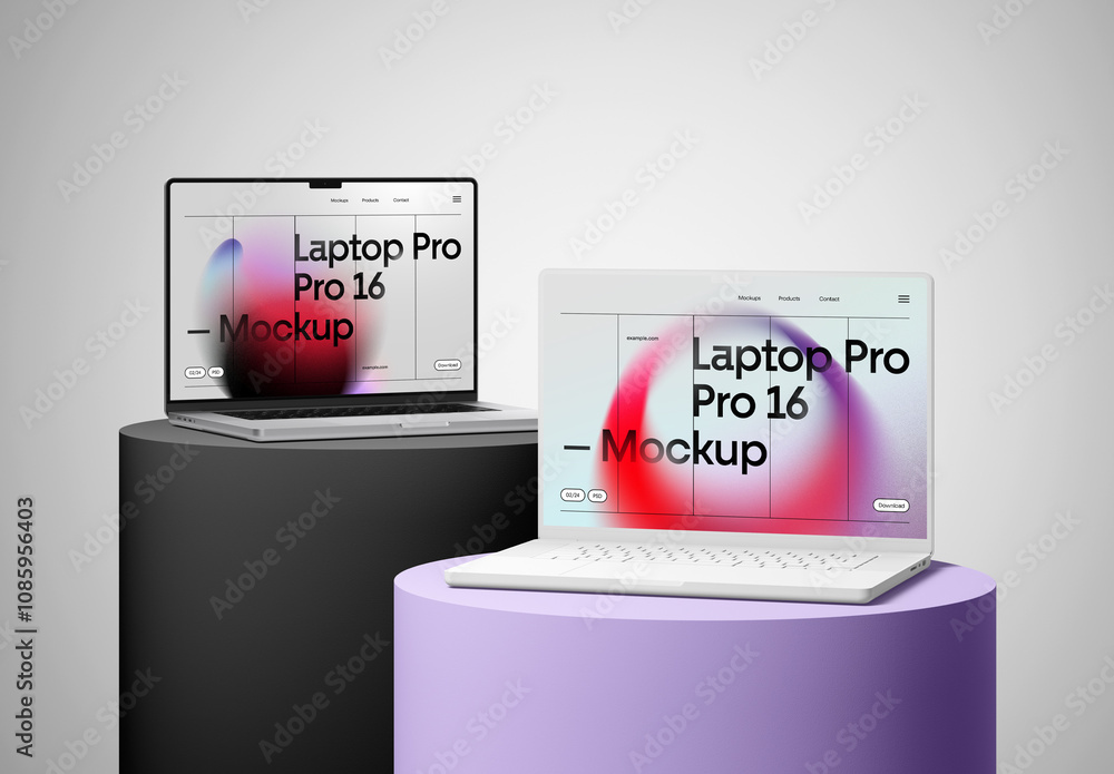 Two Realistic Laptop Pro on Cubic Mockups Stock Template | Adobe Stock