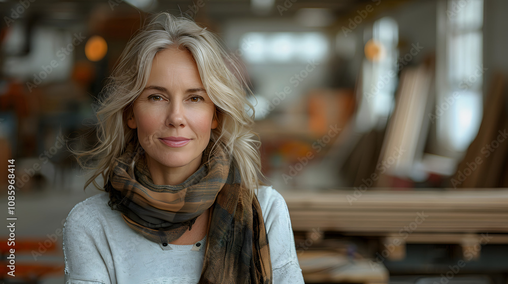 white middle aged woman selects wood in workshop. concept of ...