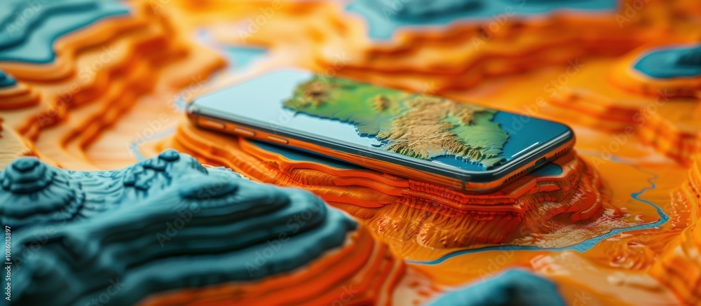 Smartphone on 3D-printed landscape terrain model with mountains ...