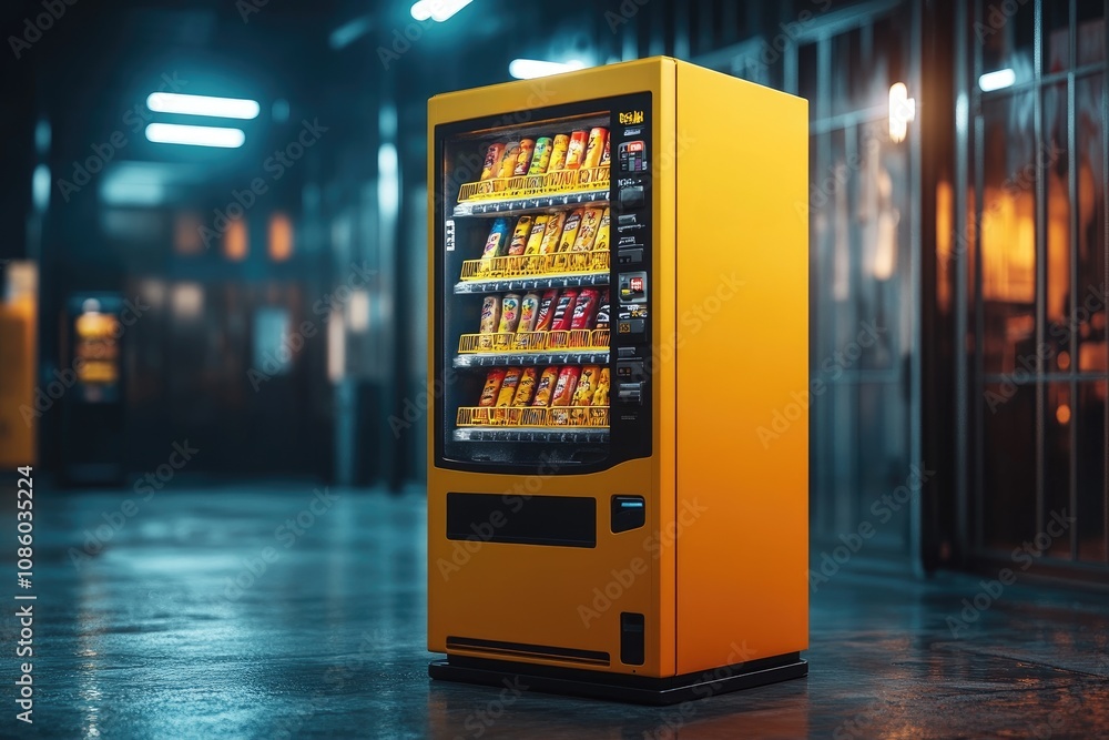 Bright yellow vending machine offering snacks in empty urban space at ...