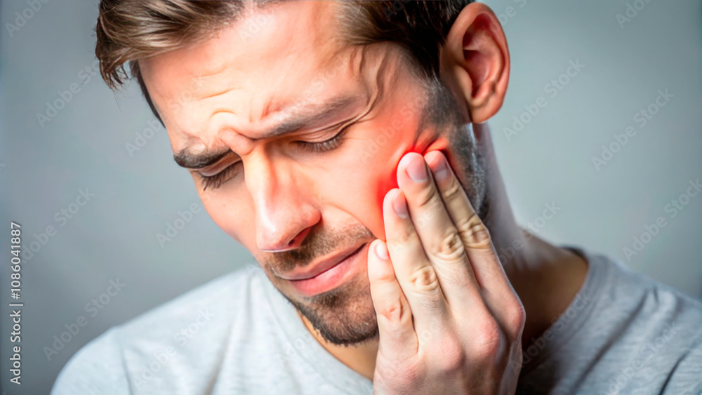A man suffering from severe tooth pain, holding his cheek with visible ...