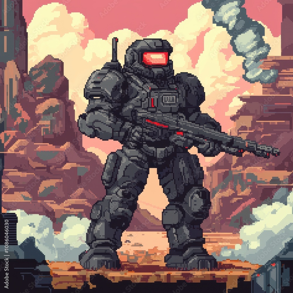 Futuristic Soldier in Pixel Art Style Standing in a Deserted Landscape ...